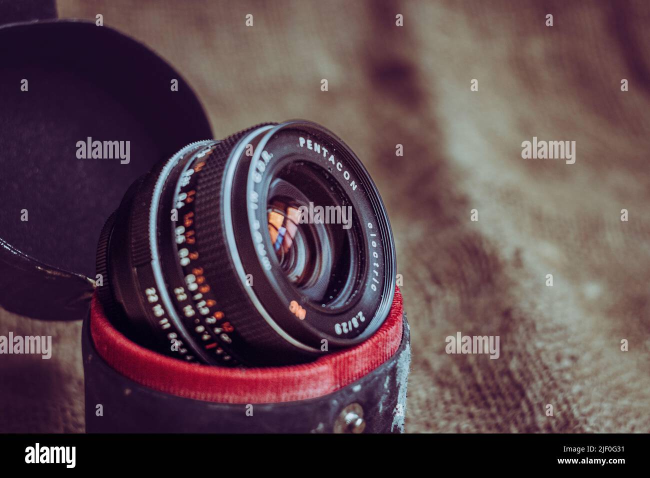 Shot of vintage Pentacon Electric camera lens, made in the DDR. Many ...