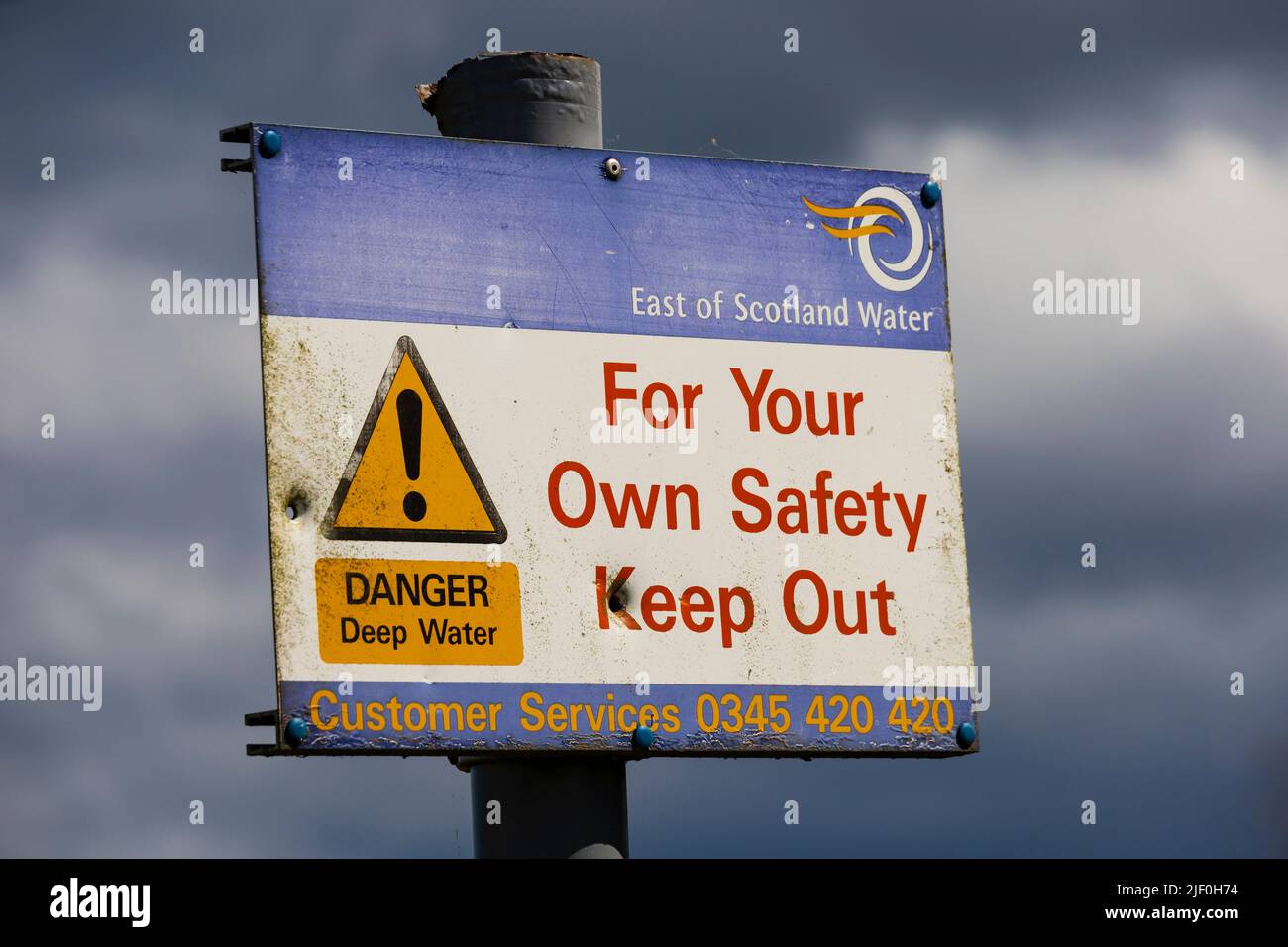 Water safety warning sign at Arnot reservoir, Leslie, Fife. Scottish ...