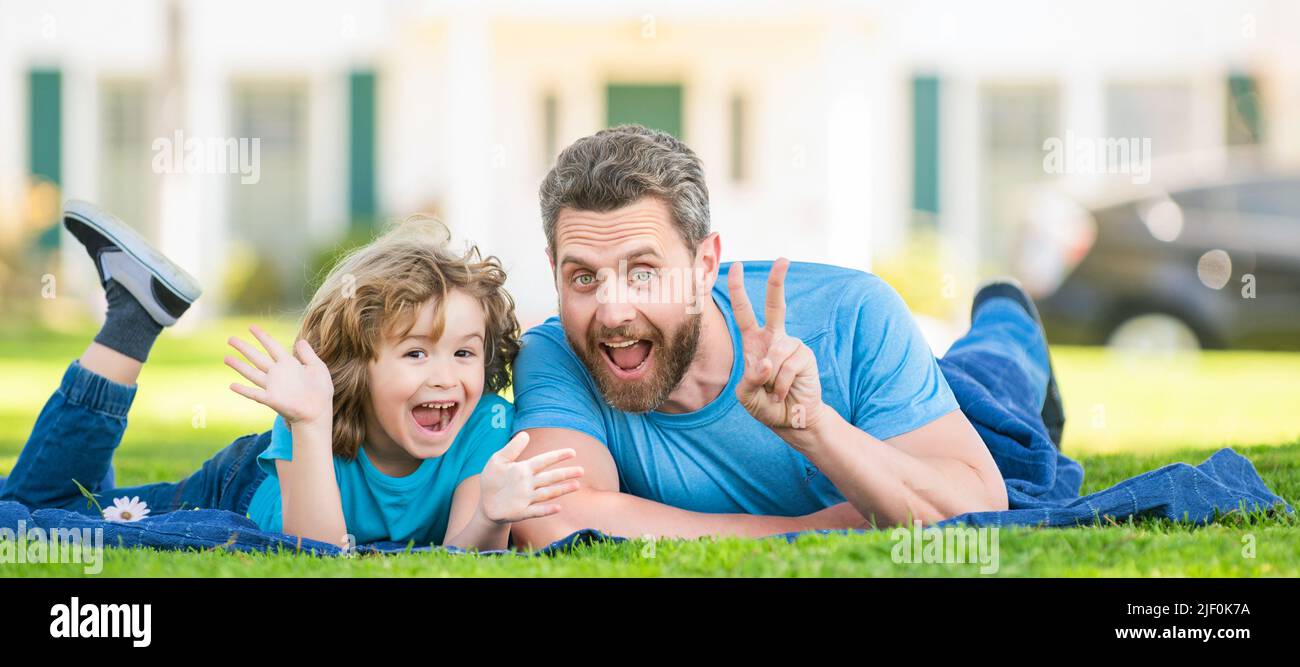 Banner of father and son in summer park outdoor. childhood and ...