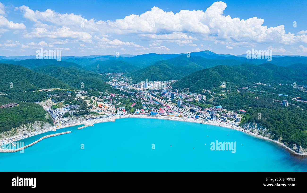 Amazing aerial view of Black Sea coast, turquoise color of the sea. Summer landscape with ...