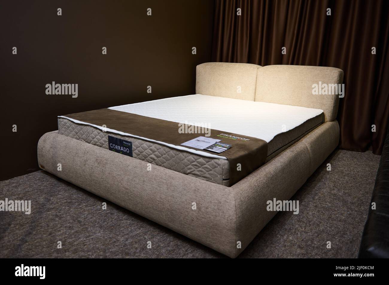 Exhibition of a comfortable stylish upholstered beds with orthopedic ...