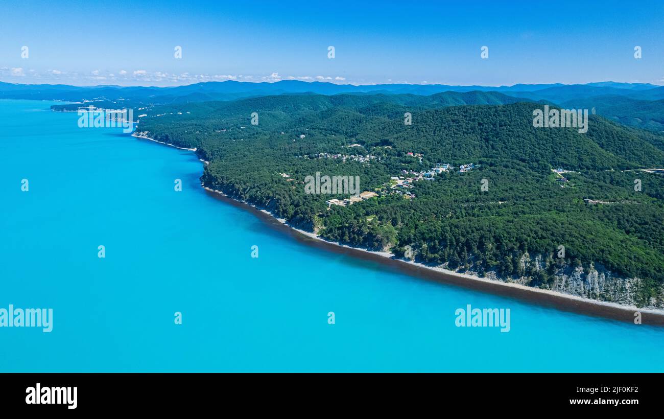 Amazing aerial view of Black Sea coast, turquoise color of the sea. Summer landscape with ...