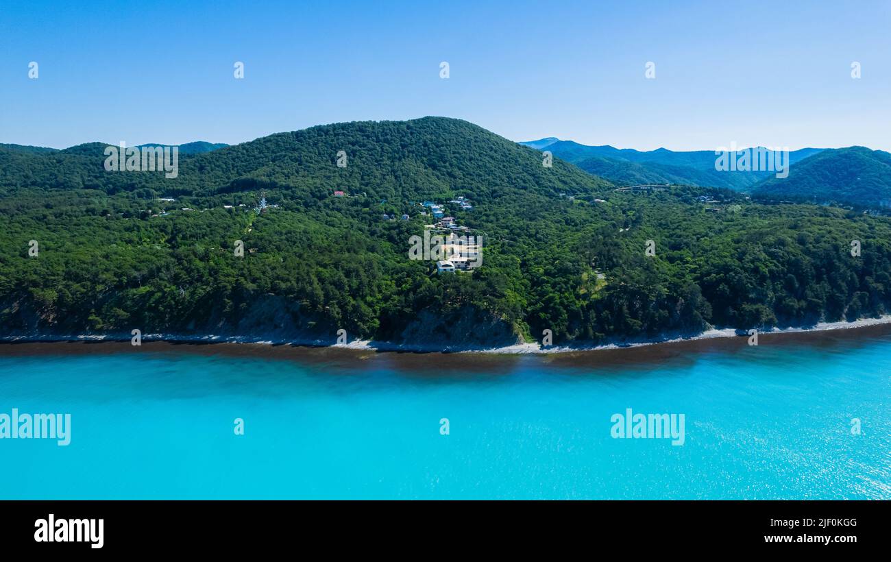 Amazing aerial view of Black Sea coast, turquoise color of the sea. Summer landscape with ...