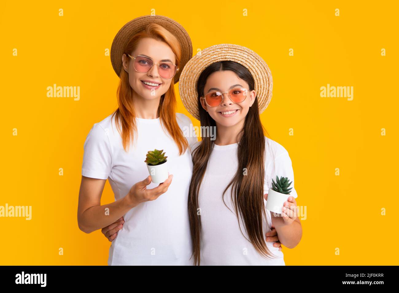 Happy woman mother and daughter child holding pot plant on yellow ...