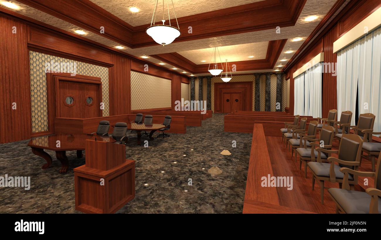 3D-Illustration of an empty justice court with table and chairs Stock ...