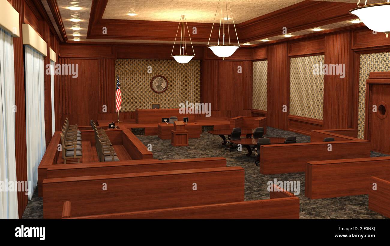 3D-Illustration of an empty justice court with table and chairs Stock ...