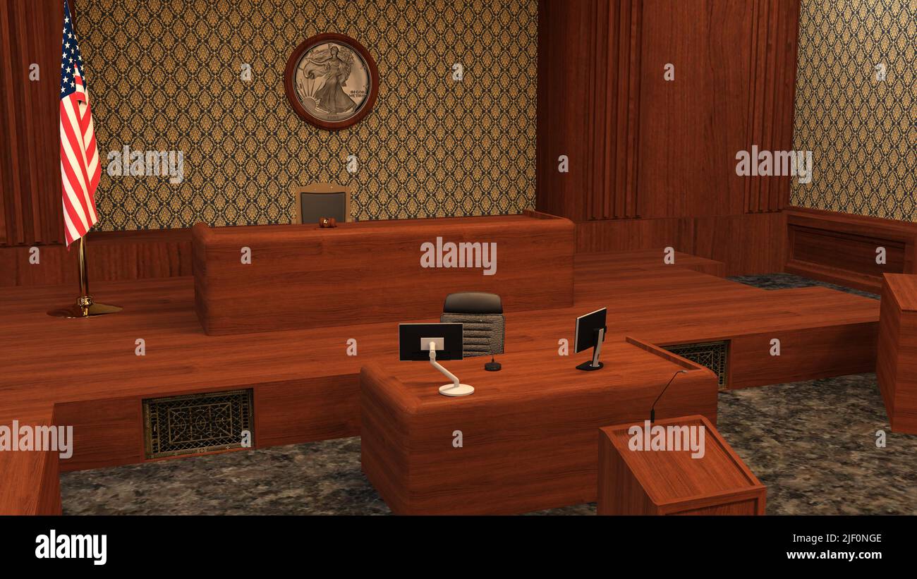 3D-Illustration of an empty justice court with table and chairs Stock ...