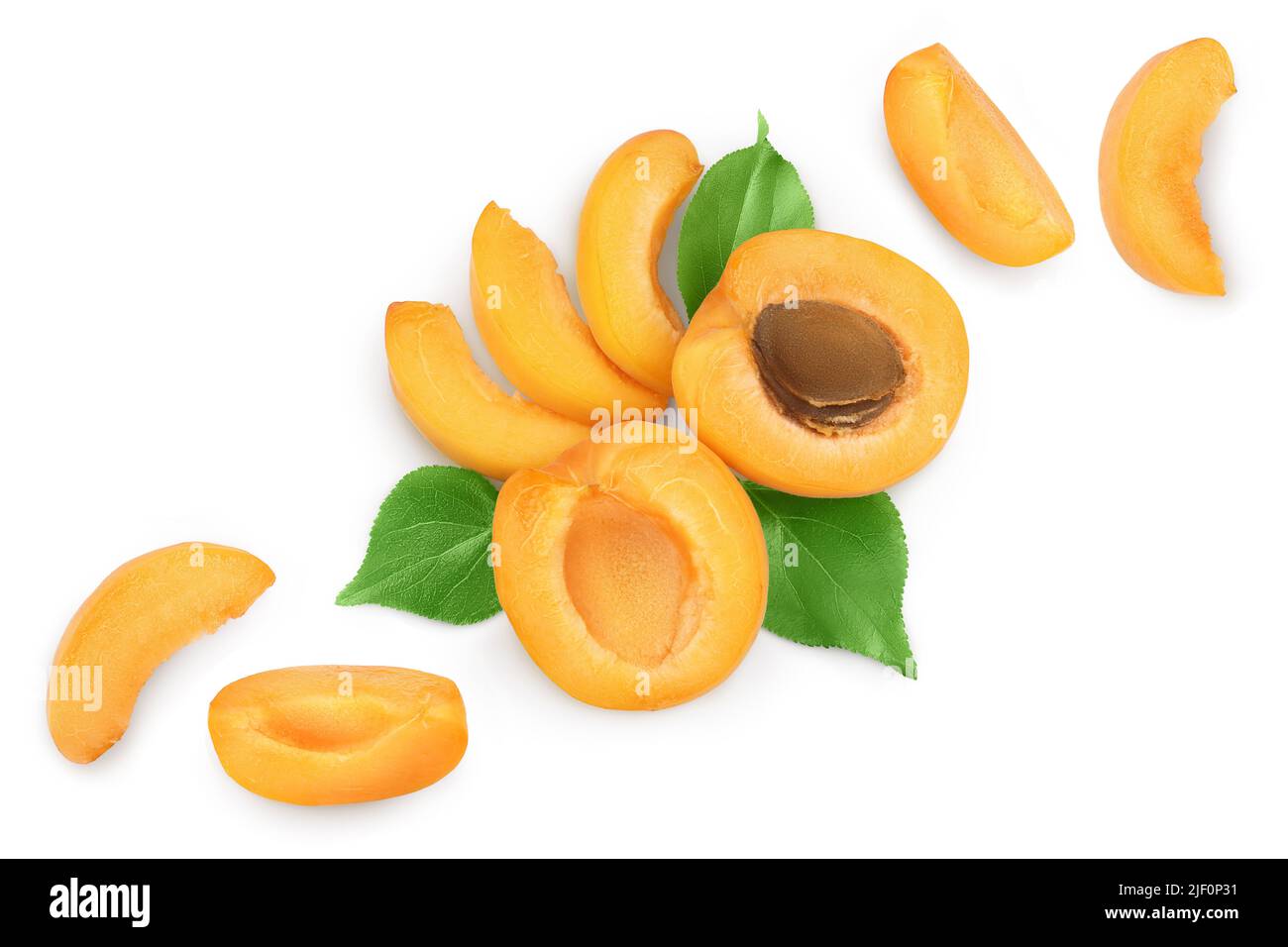 apricot fruit with half and slices isolated on white background. Top ...