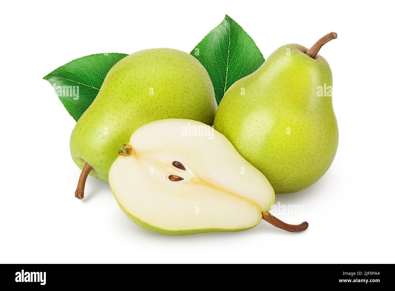 Green pear fruit with half isolated on white background with full depth ...