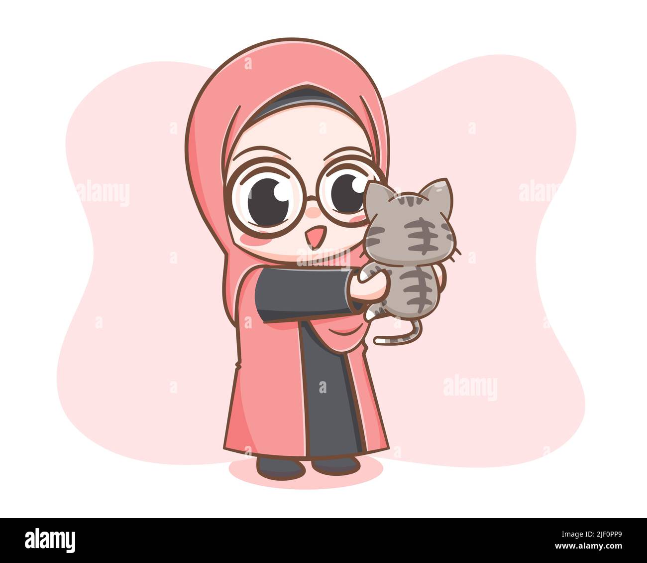 Cute a muslim girl and a cat cartoon illustration Stock Vector Image ...