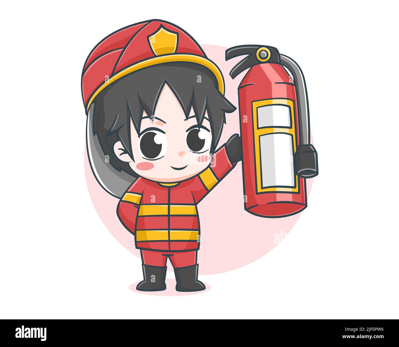 Cute fireman holding fire extinguisher cartoon illustration Stock ...