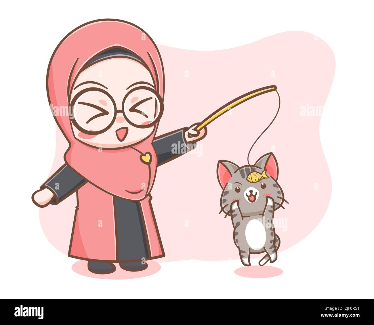Cute a muslim girl and a cat cartoon illustration Stock Vector Image ...