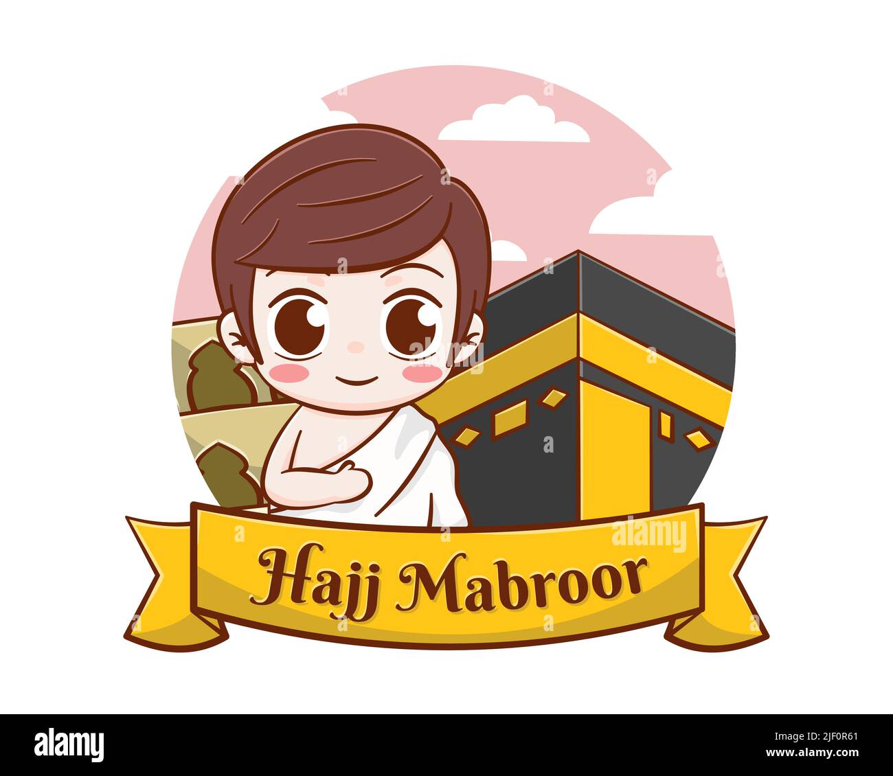 Islamic hajj pilgrimage with cute boy and kaaba cartoon illustration ...