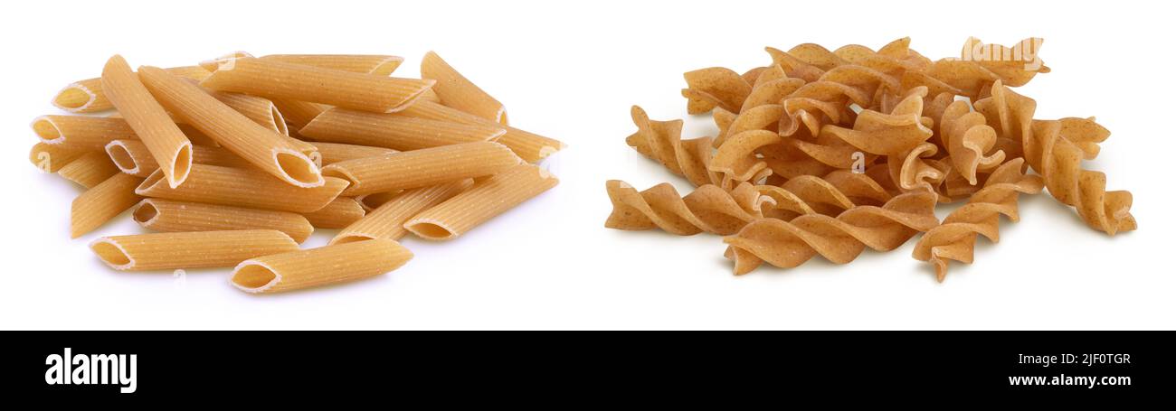 Wholegrain penne and fusilli pasta from durum wheat isolated on white ...