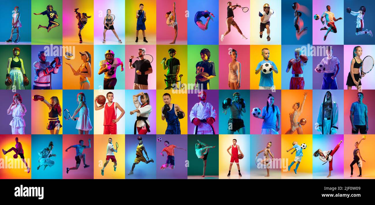 Sport collage of professional athletes on gradient multicolored neoned ...
