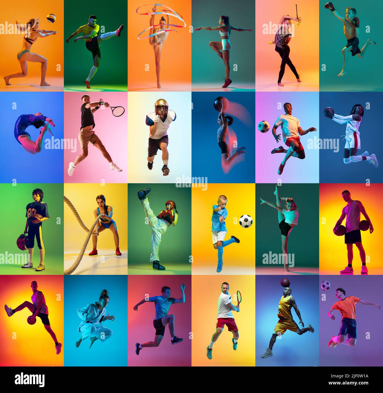 Set of images of different professional sportsmen and kids in action ...