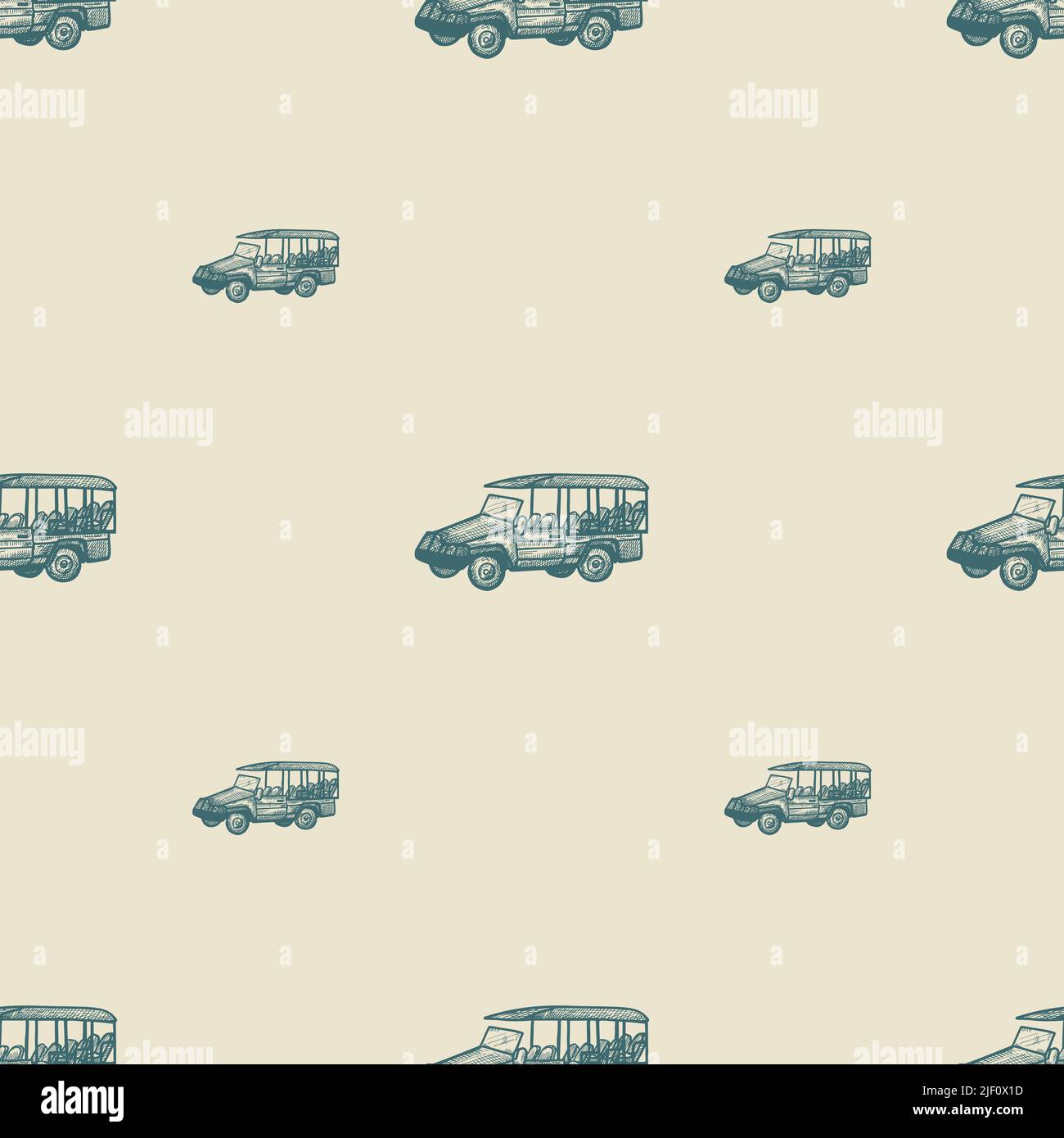 Safari bus engraved seamless pattern. Vintage adventure off road car in ...