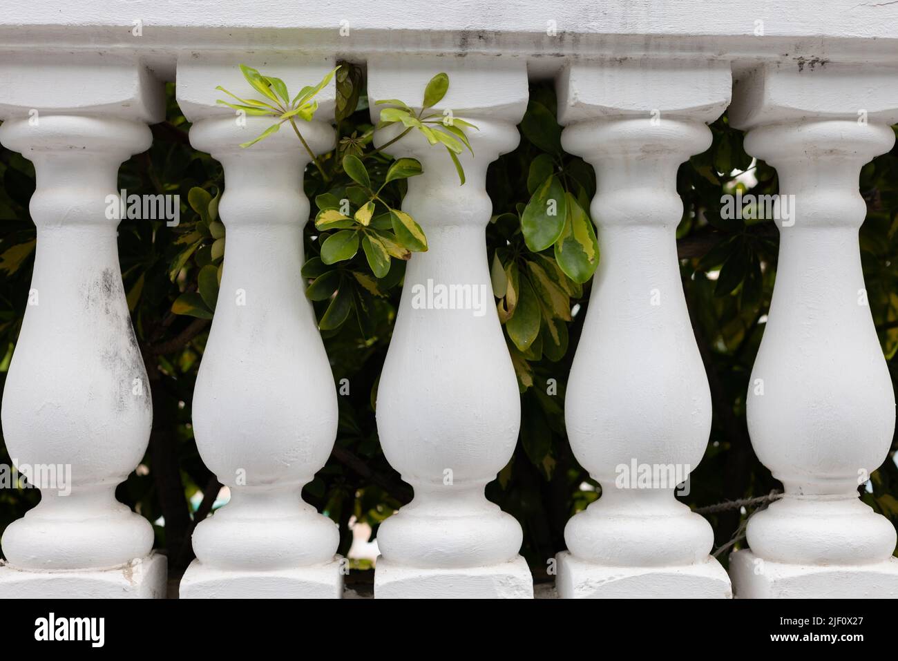 White stone columns wall fence railing with garden behind Stock Photo ...