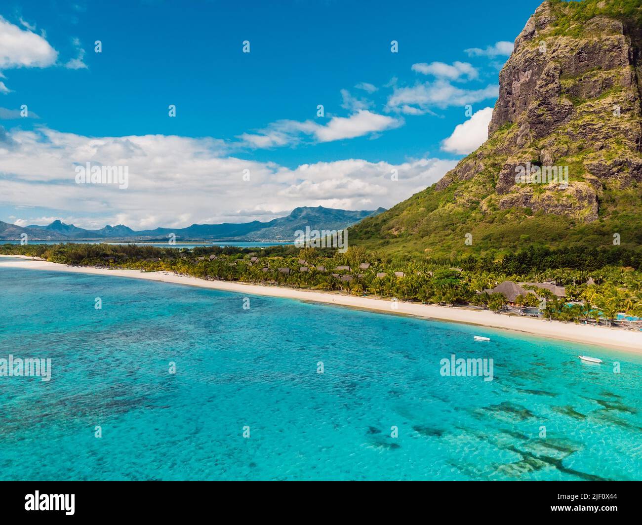 Landscape with Le Morne mountain, ocean and beach in Mauritius. Aerial ...