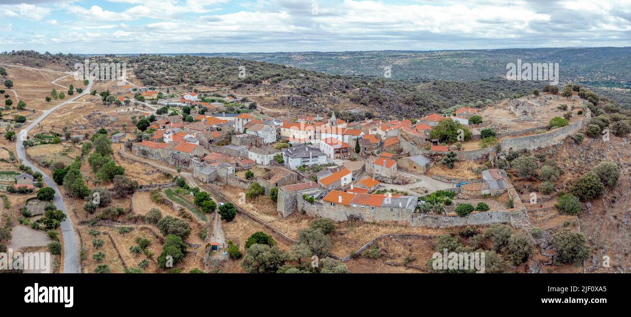 Aerial view of the historic village of Castelo Mendo in Portugal. Low ...