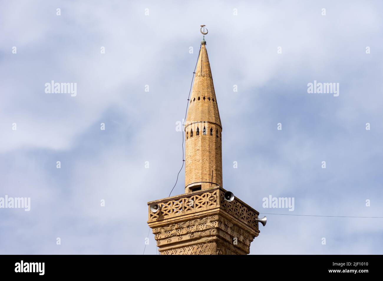 Low angle view of the EL Atik mosque minaret in Setif city. The famous ...
