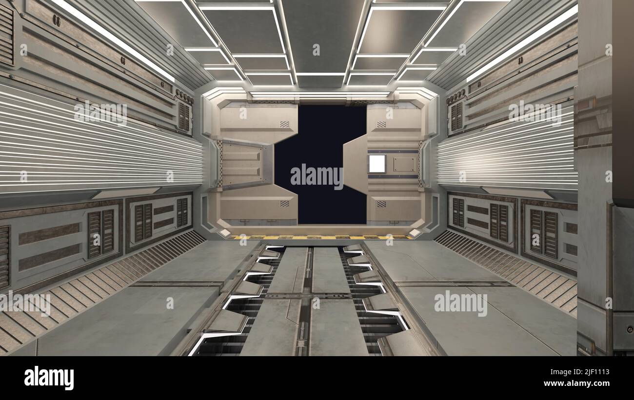 3D-illustration of a future living room in a science fiction starship ...