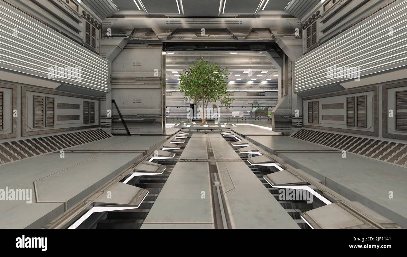 3D-illustration of a future living room in a science fiction starship ...