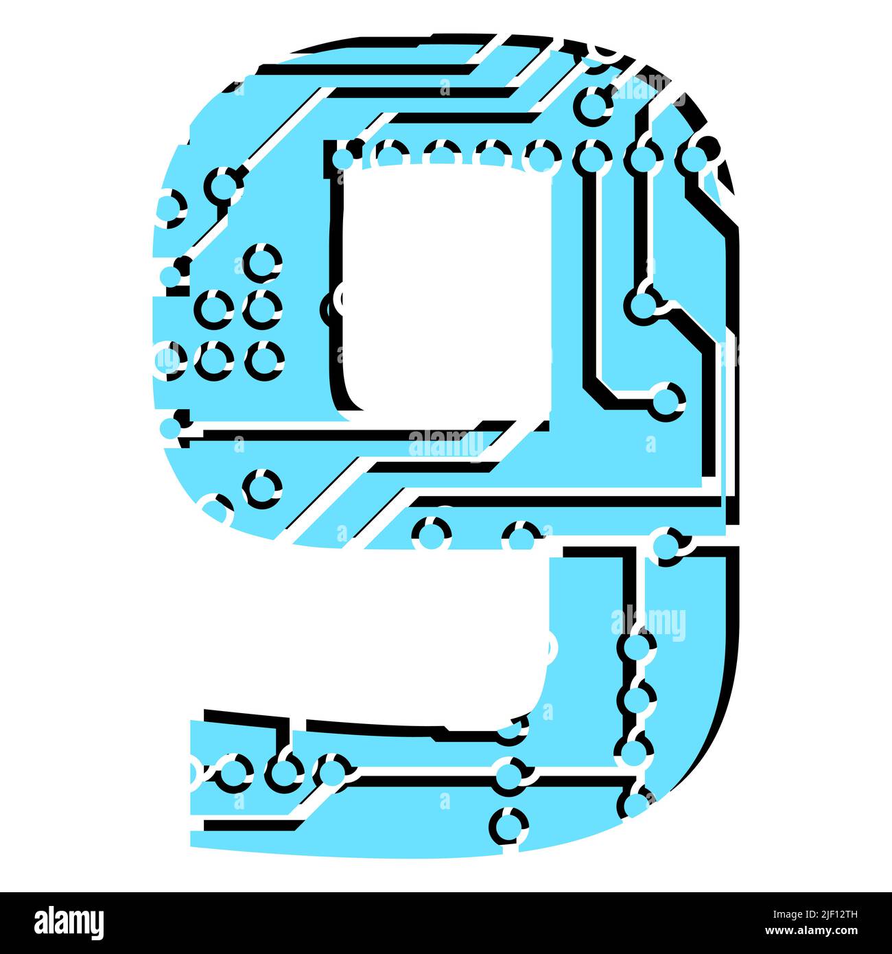 Digit 9 perforated with PCB circuit board tracks isolated on white ...