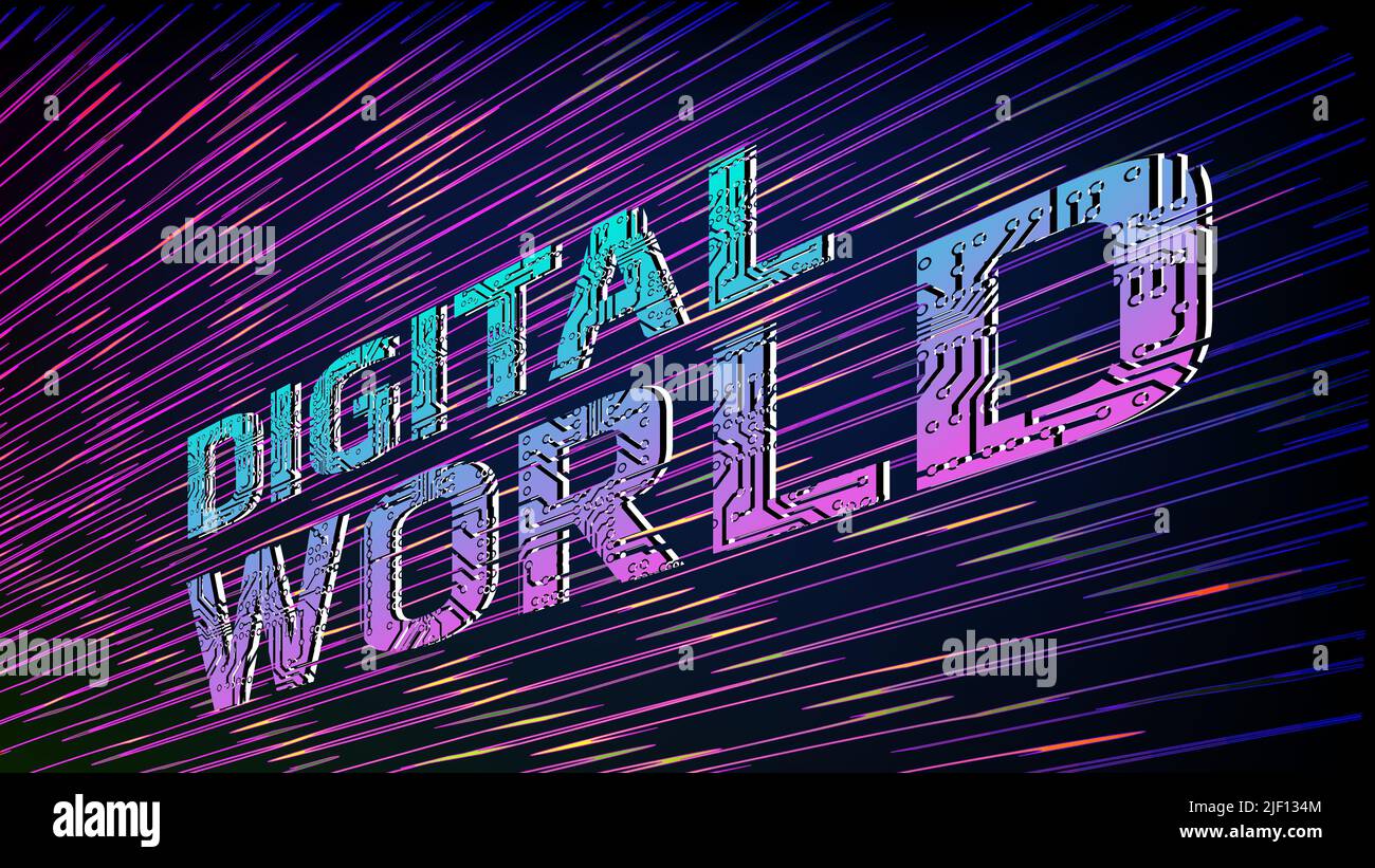 Colorful inscription Digital World in perspective on rainbow background ...
