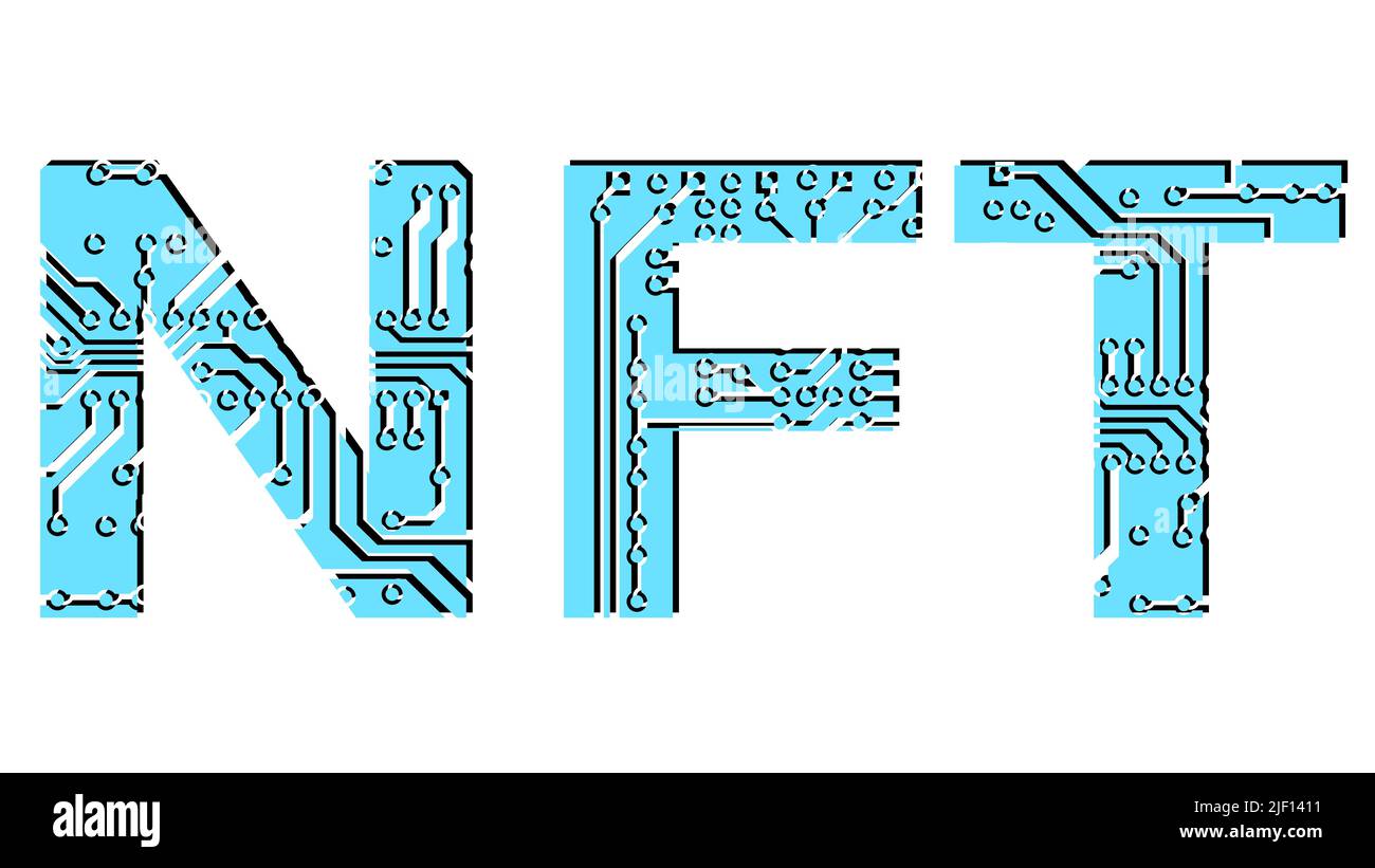 Colored word NFT non fungible tokens perforated with PCB circuit board ...