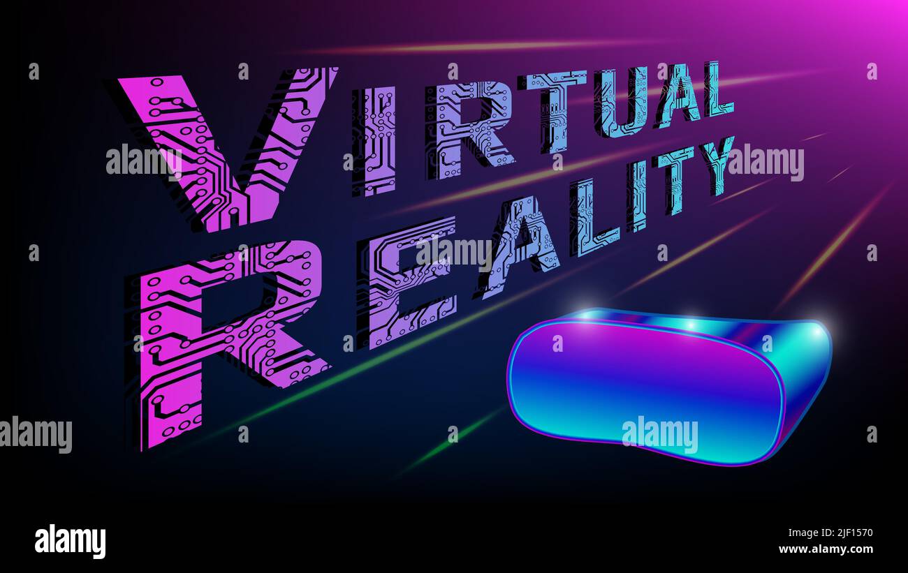 Futuristic digital text Virtual Reality with glasses in perspective on ...