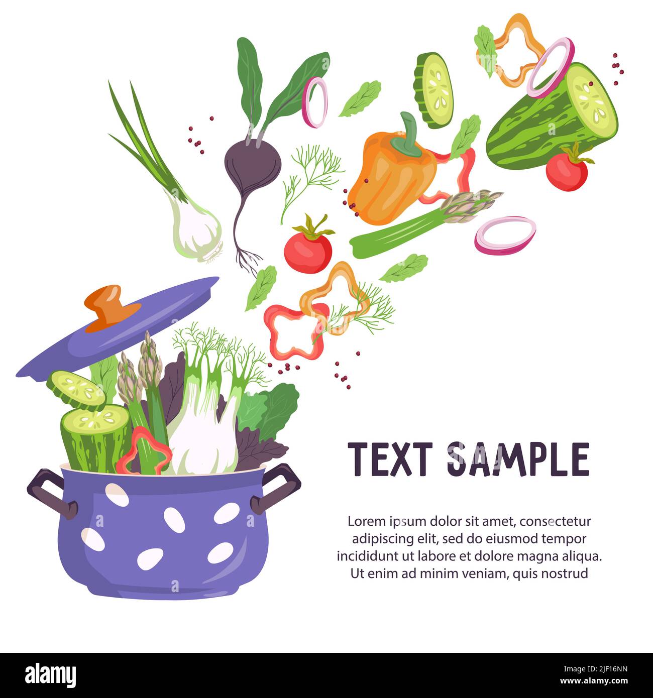 Banner or poster with vegetables flying out of cooking pot, flat vector ...