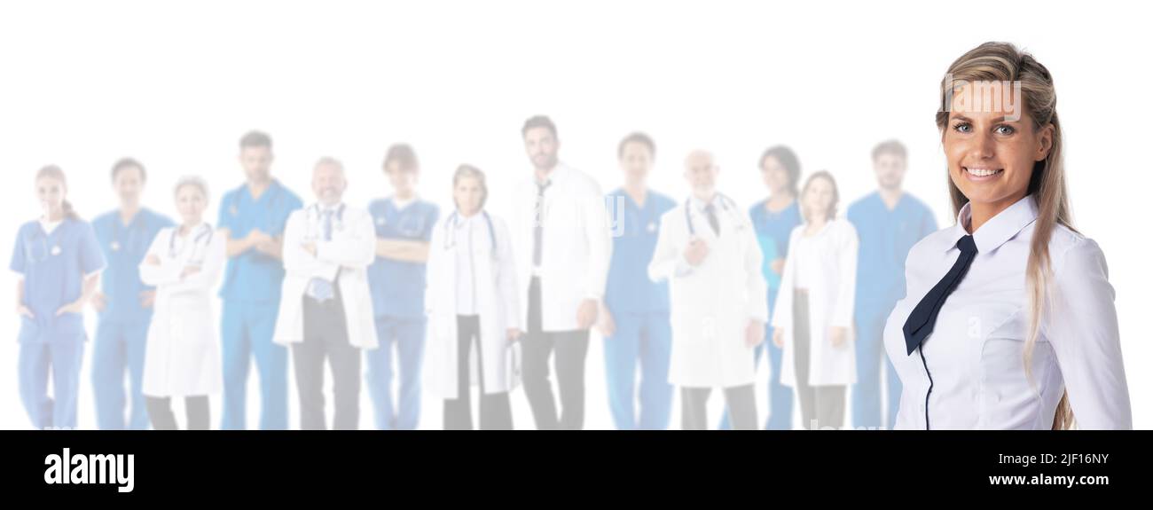 Patient and medical team, bright background for design, copy space for ...