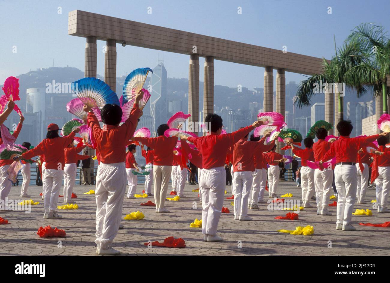 traditional chinese dance at the waterfront of Kowloon in front of the ...