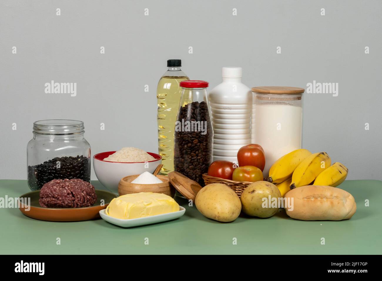 Brazilian basic food basket completed composed of 13 products: meat ...