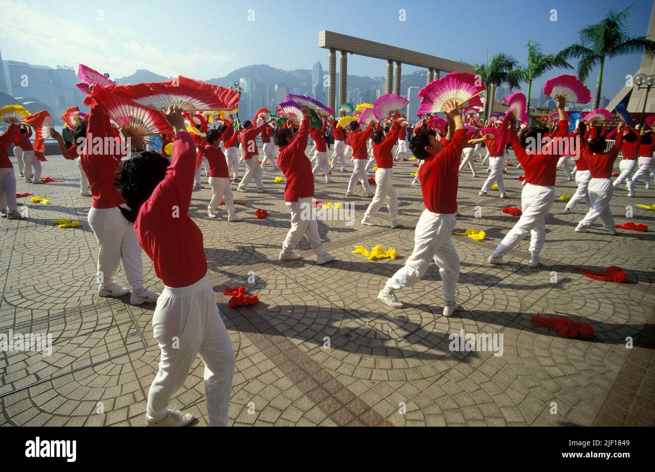 traditional chinese dance at the waterfront of Kowloon in front of the ...