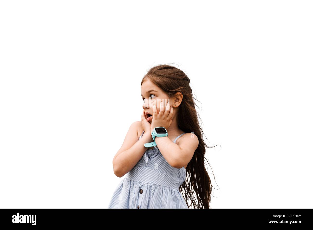 Toddler stress and fears. Frightened child girl on a white background ...