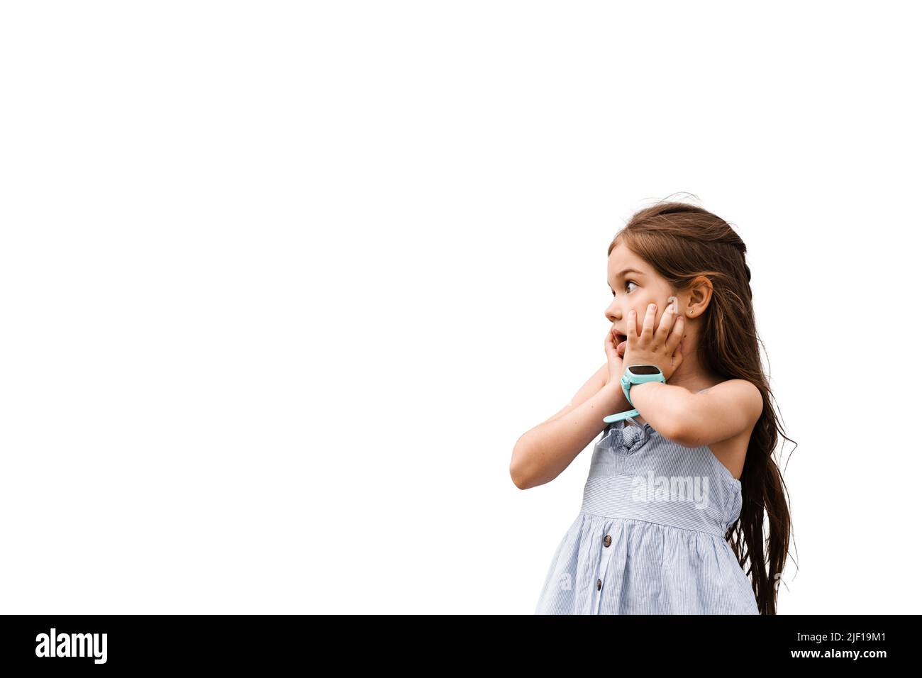 Toddler stress and fears. Frightened child girl on a white background ...