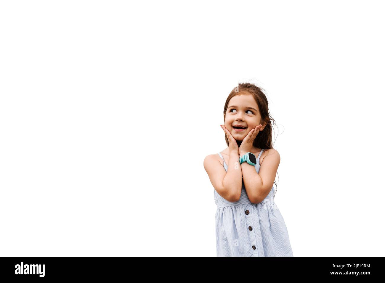 Curious adorable child girl on white background with empty place for ...