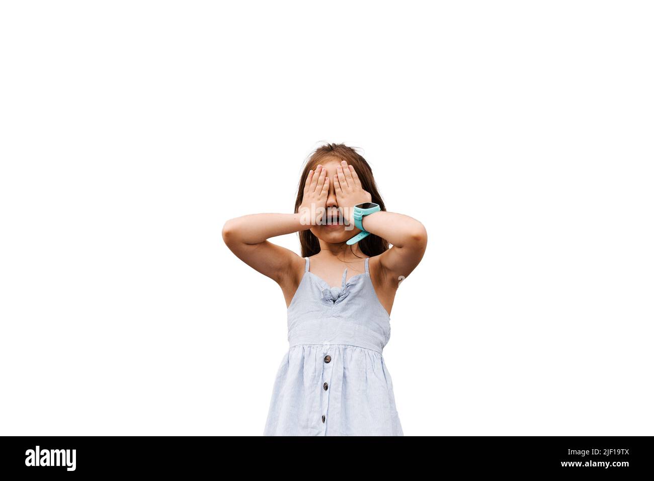 Weeping kid closes her face with hands. Adorable upset child girl ...