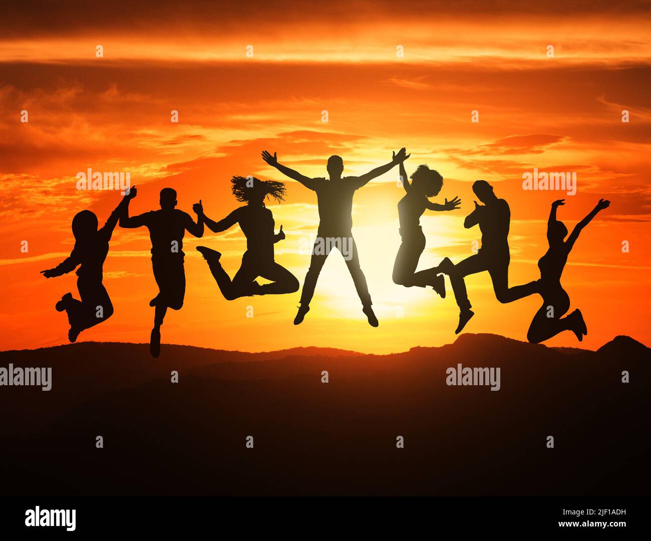 Group Of Black Figures Of Joyful Young People Jumping Together On ...