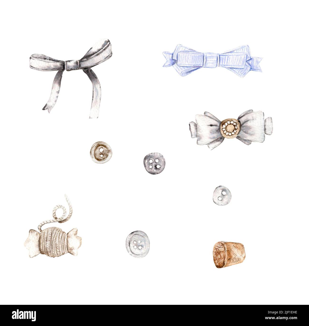 Hand-drawn set of ribbons, buttons, skein of rope Stock Photo - Alamy