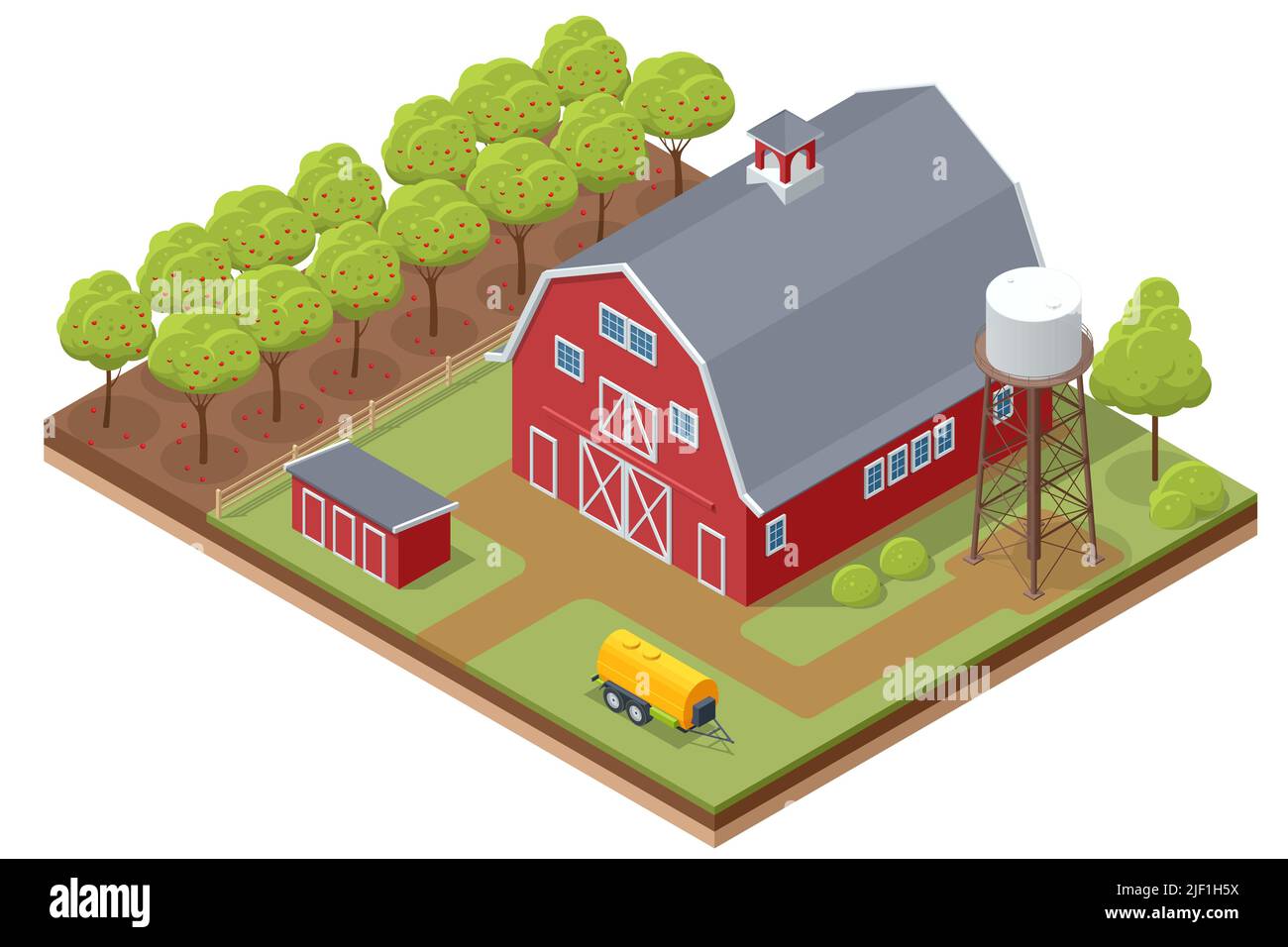 Isometric agricultural farm buildings, windmill barn and silo sheds hay ...