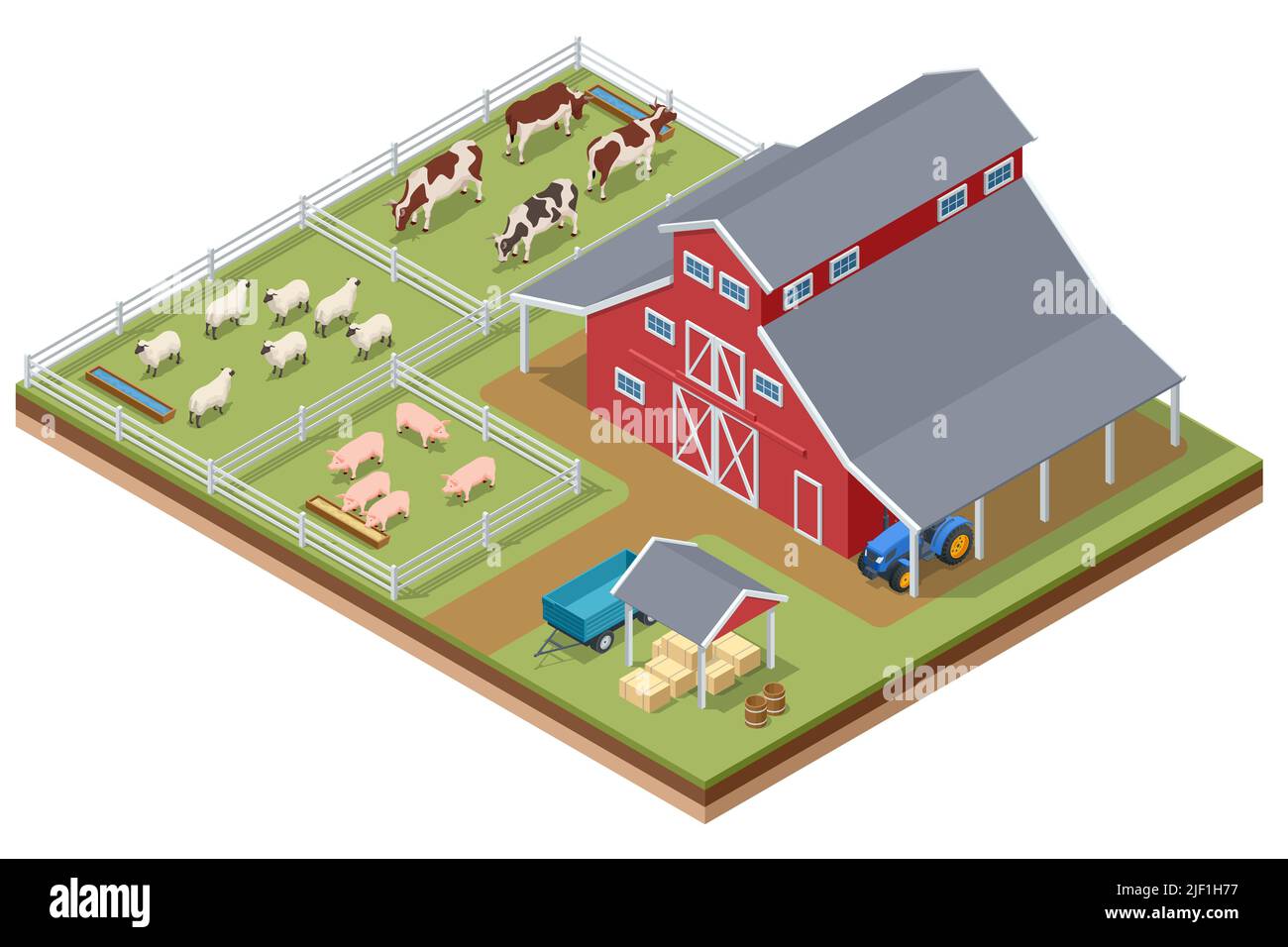 Isometric agricultural farm buildings, windmill barn and silo sheds hay ...