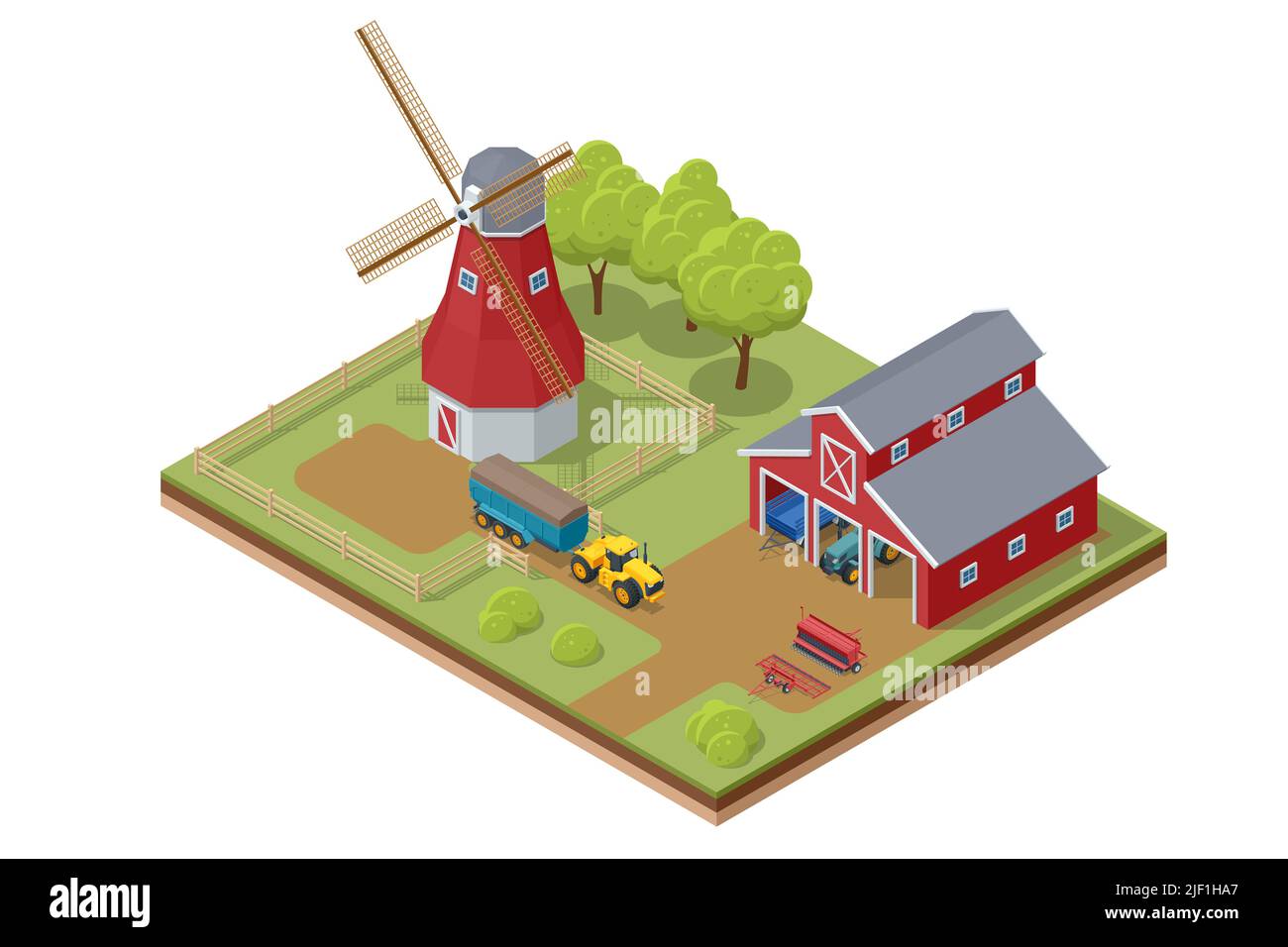 Isometric agricultural farm buildings, windmill barn and silo sheds hay ...