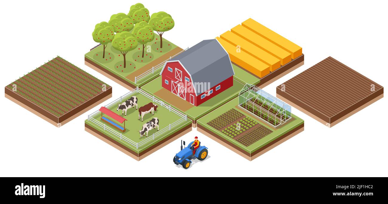 Isometric agricultural farm buildings, windmill barn and silo sheds hay ...