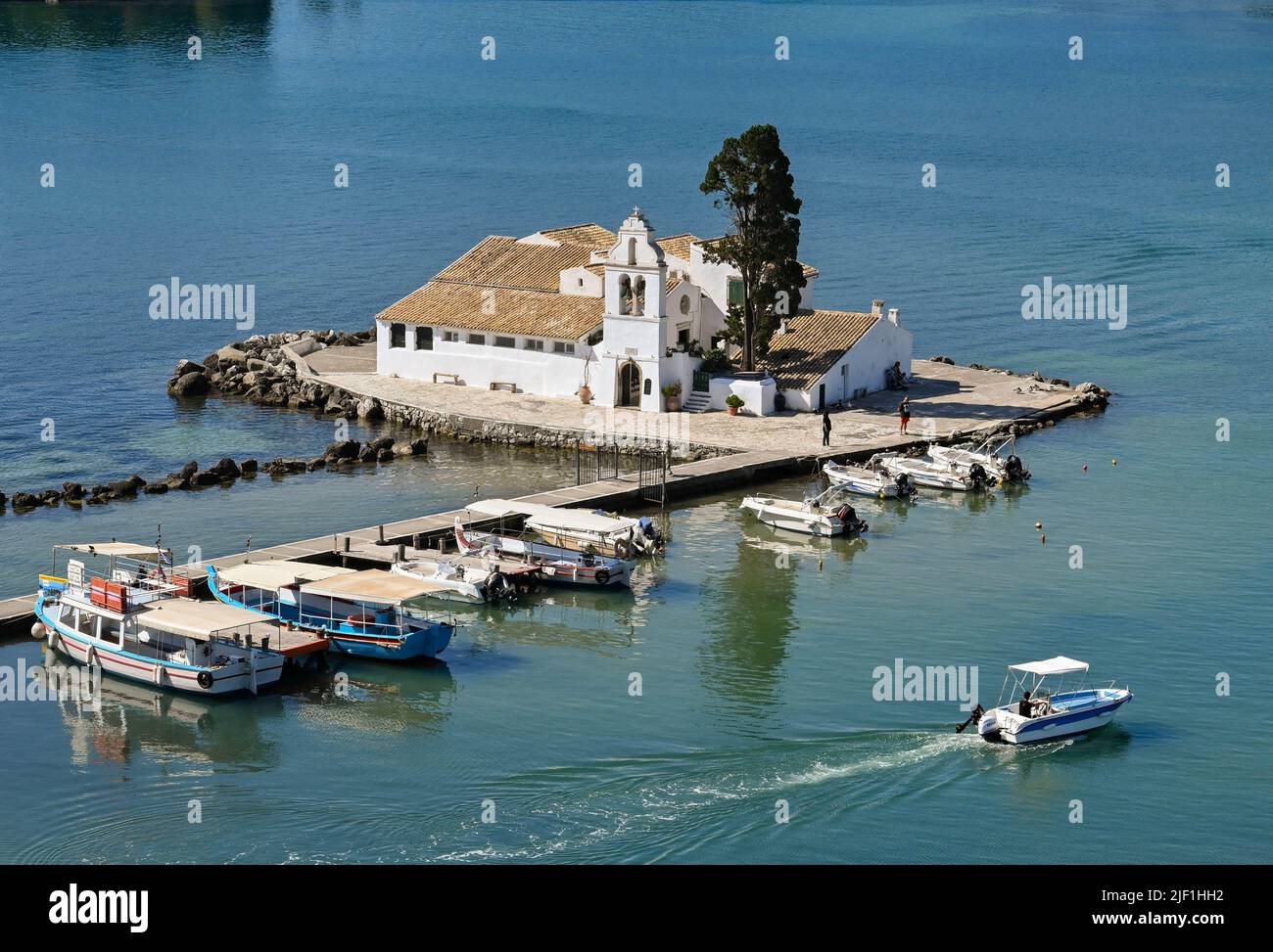 Corfu, Greece - June 2022: Aerial view of the Vlacherna Monastery set ...