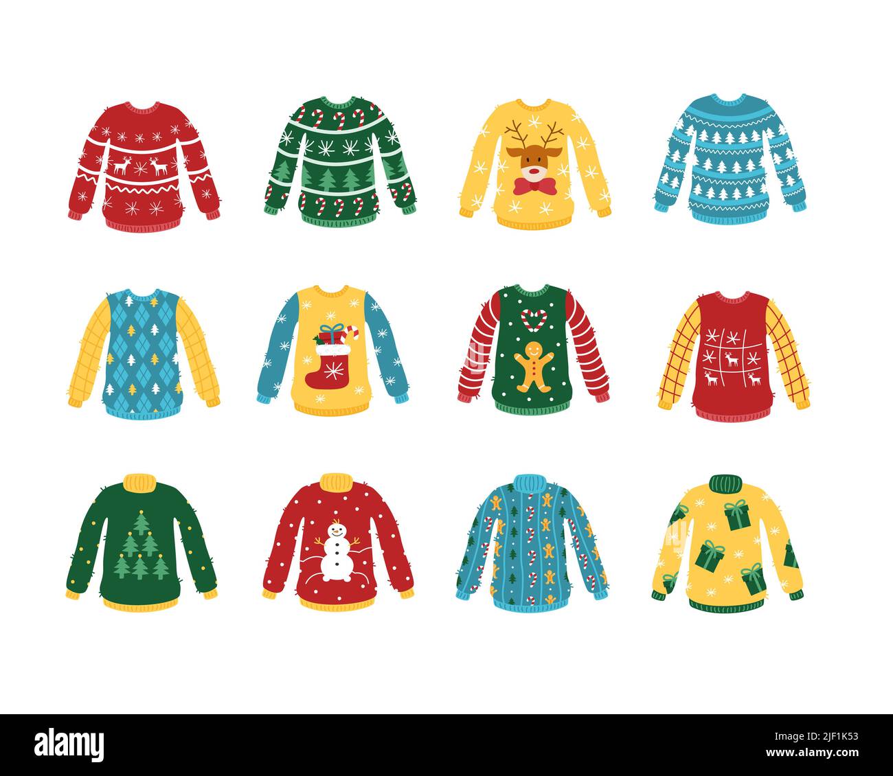 Set Ugly Christmas sweater. Vector cartoon knitted clothes with New ...