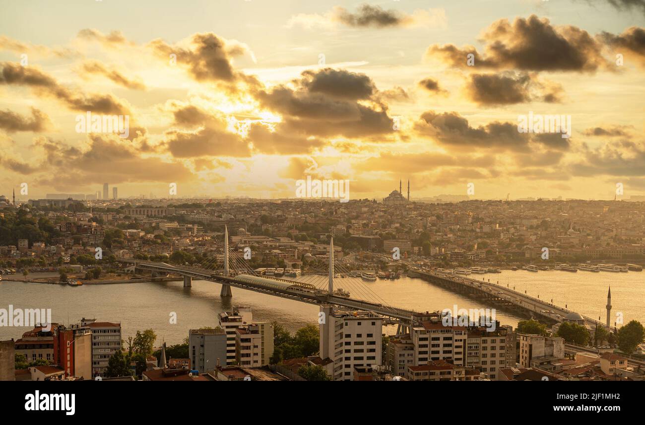Istanbul panorama with mosque at sunset, aerial view of old town ...