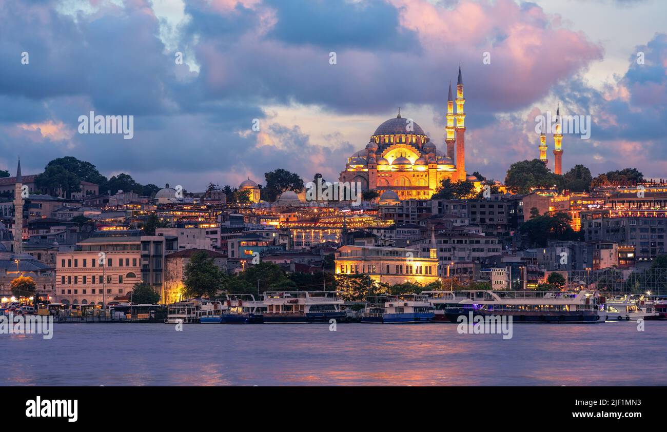 Suleymaniye Mosque with night illumination and minaret of Rustem Pasha ...